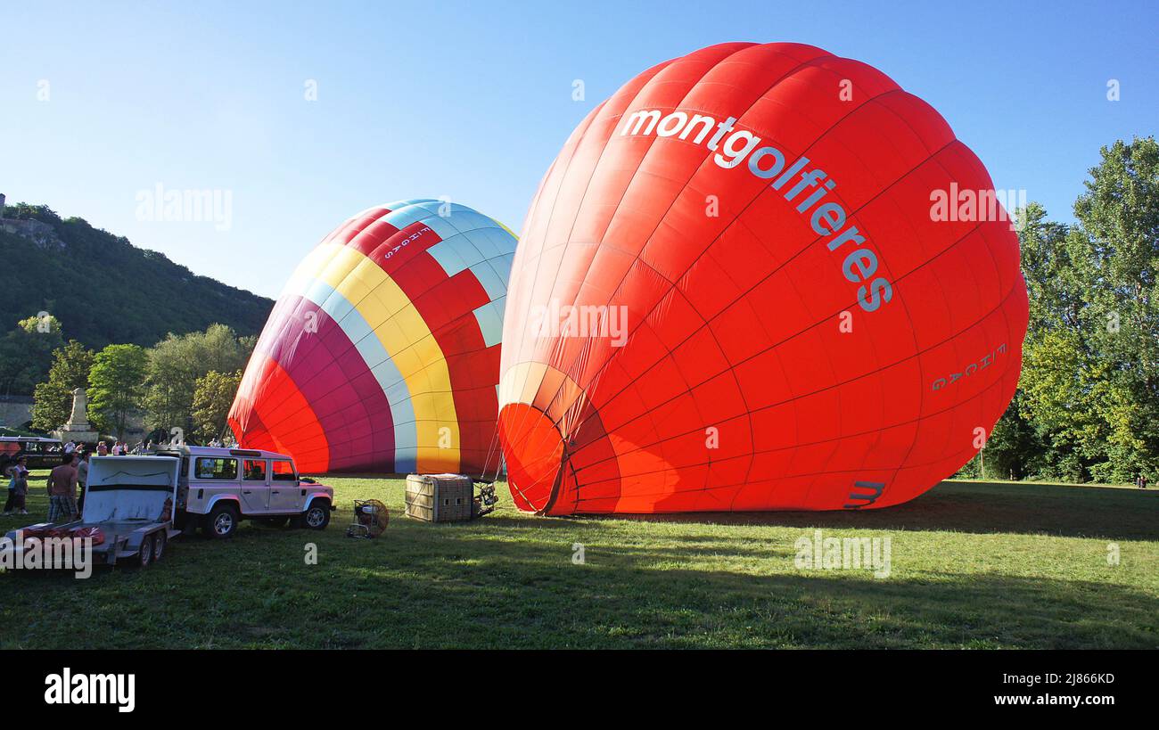 Hot air balloons in the French countryside, France, Europe Stock Photo ...