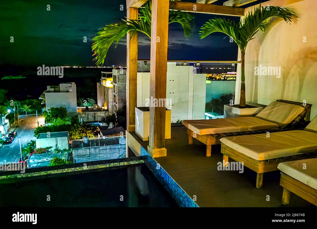 Amazing night cityscape landscape and caribbean ocean and beach ...