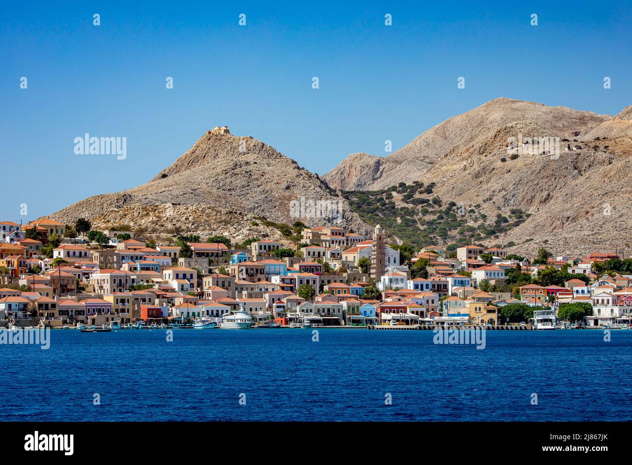 Beautiful Chalki town center on Chalki island, Dodecanese islands Stock ...