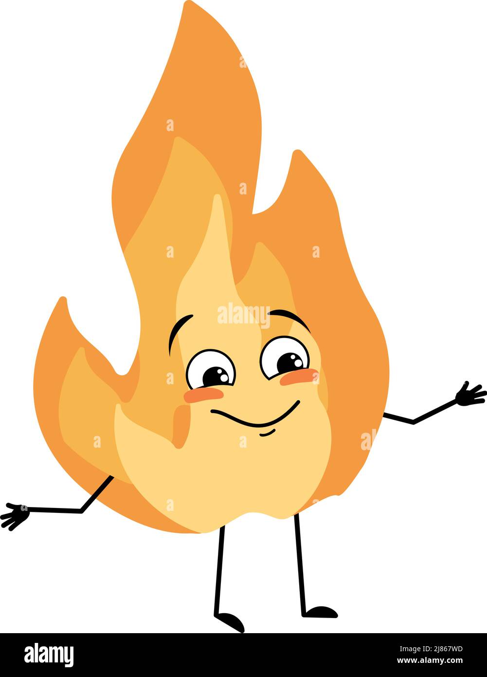 Cute flame character with happy emotions, joyful face, smile eyes, arms ...