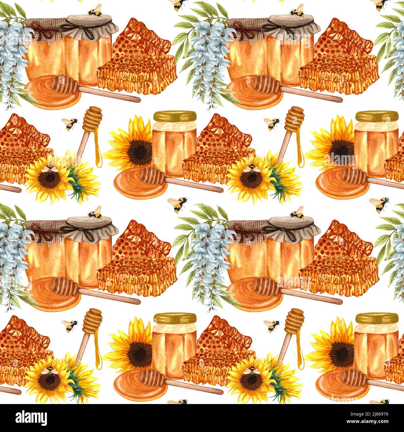 Watercolor honey seamless pattern with bee and honey. Hand drawn ...