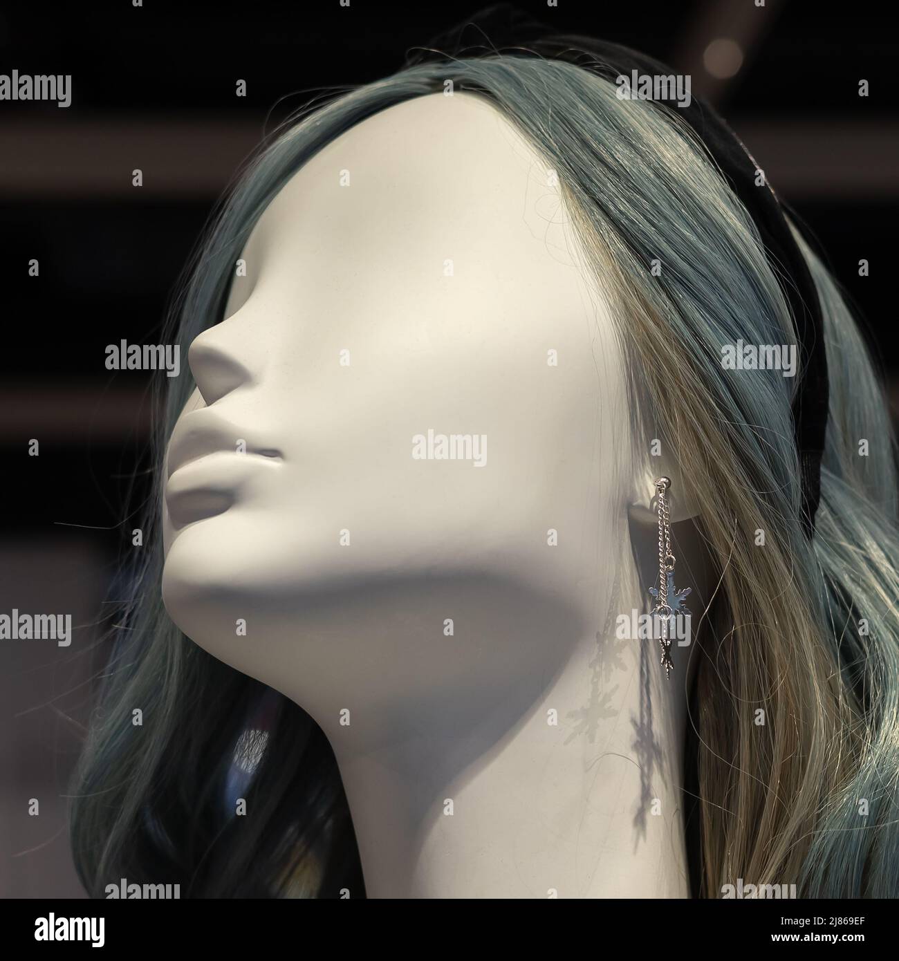 The head of white female mannequin with gray-blue hair with a silver ...