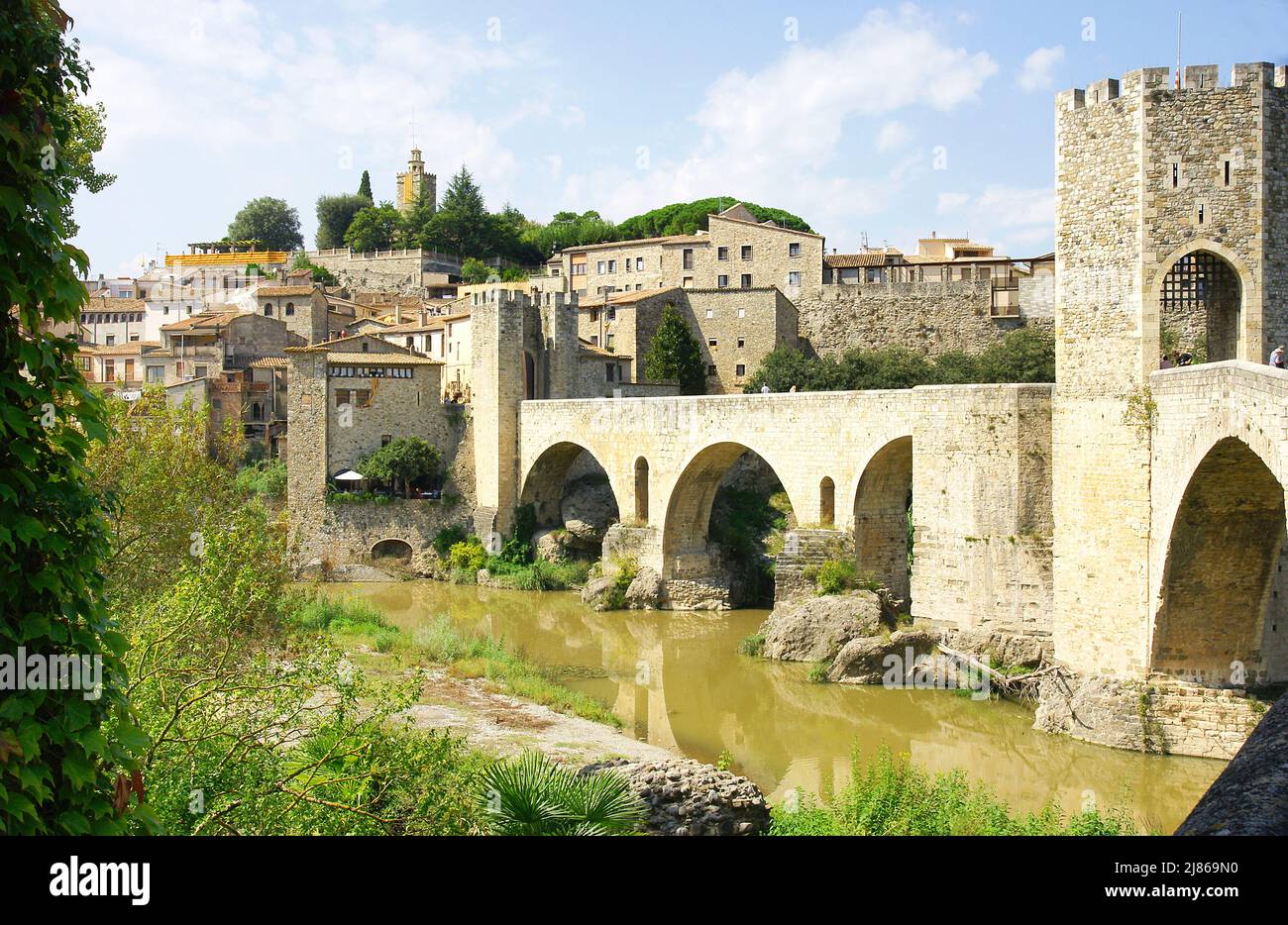 Castle, bridge and town of Besalú in the region of La Garrotxa, Gerona ...