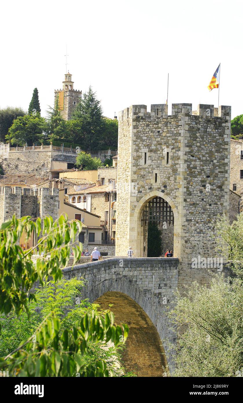 Castle, bridge and town of Besalú in the region of La Garrotxa, Gerona ...