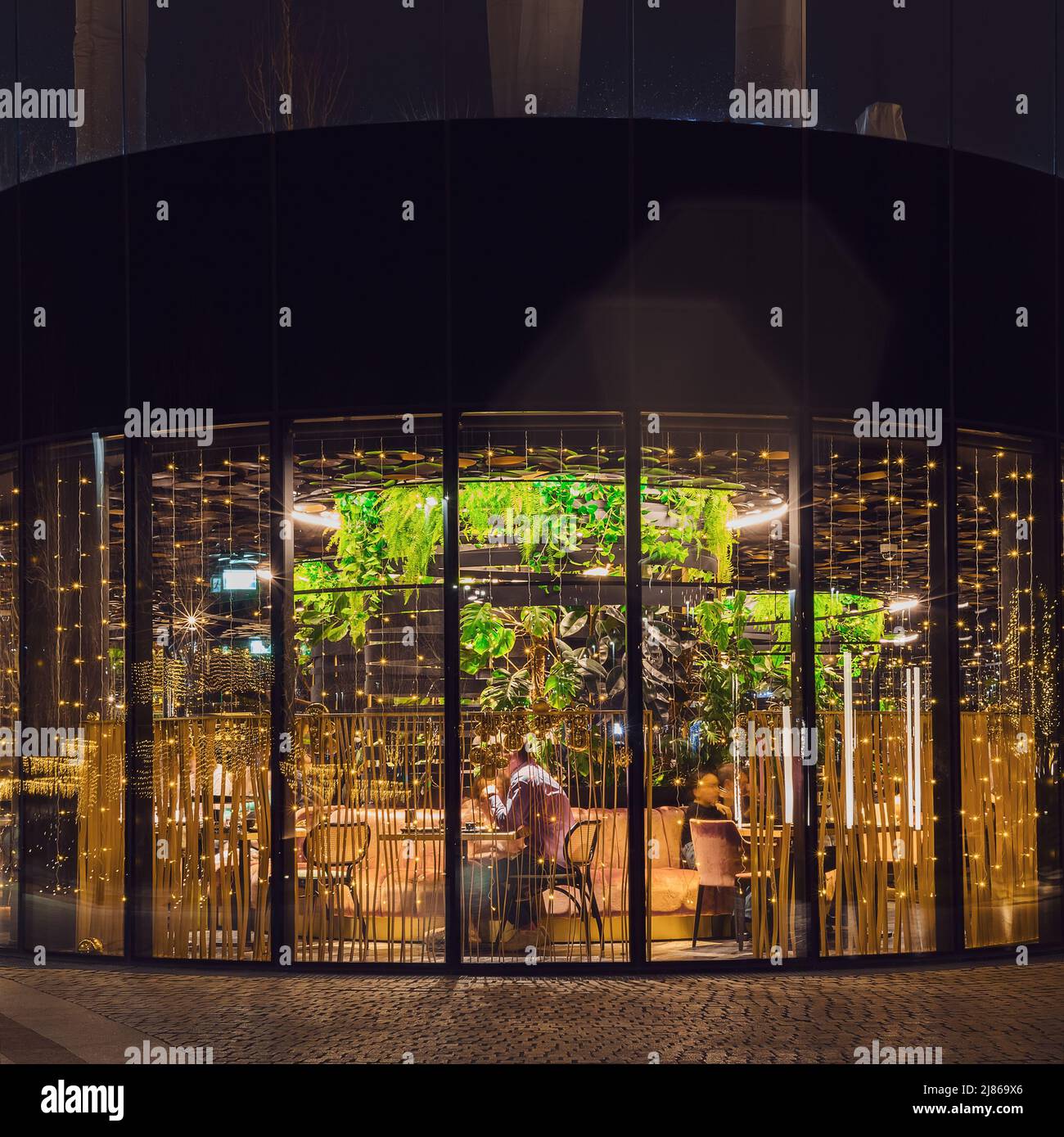 Street view of night cafe with a glass facade decorated with hanging ...