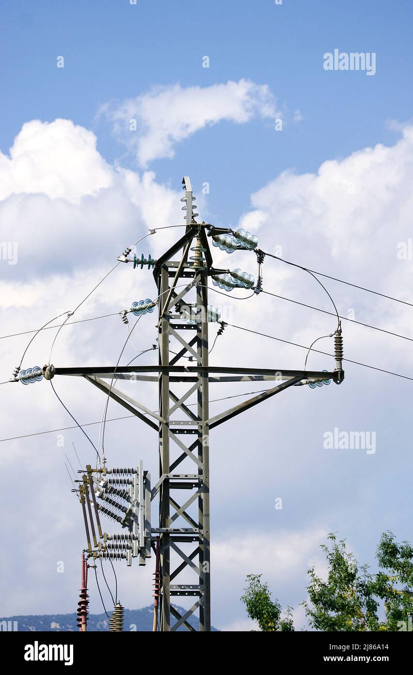Detail of connections in electrical towers in Besalu, Girona, Catalunya ...
