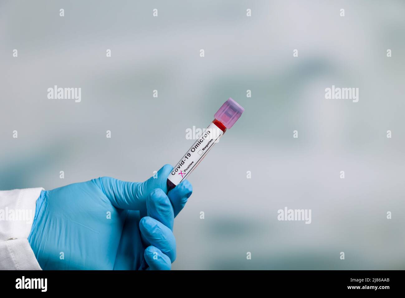 hand in blue glove holding a blood test tube in front of a lab room ...