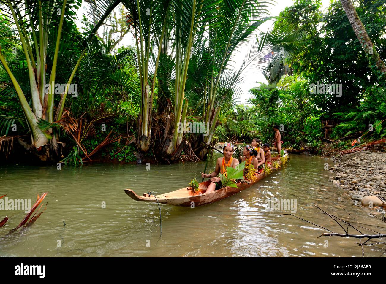 Women and children Mentawai in dugout Siberut island, Indonesia Stock ...