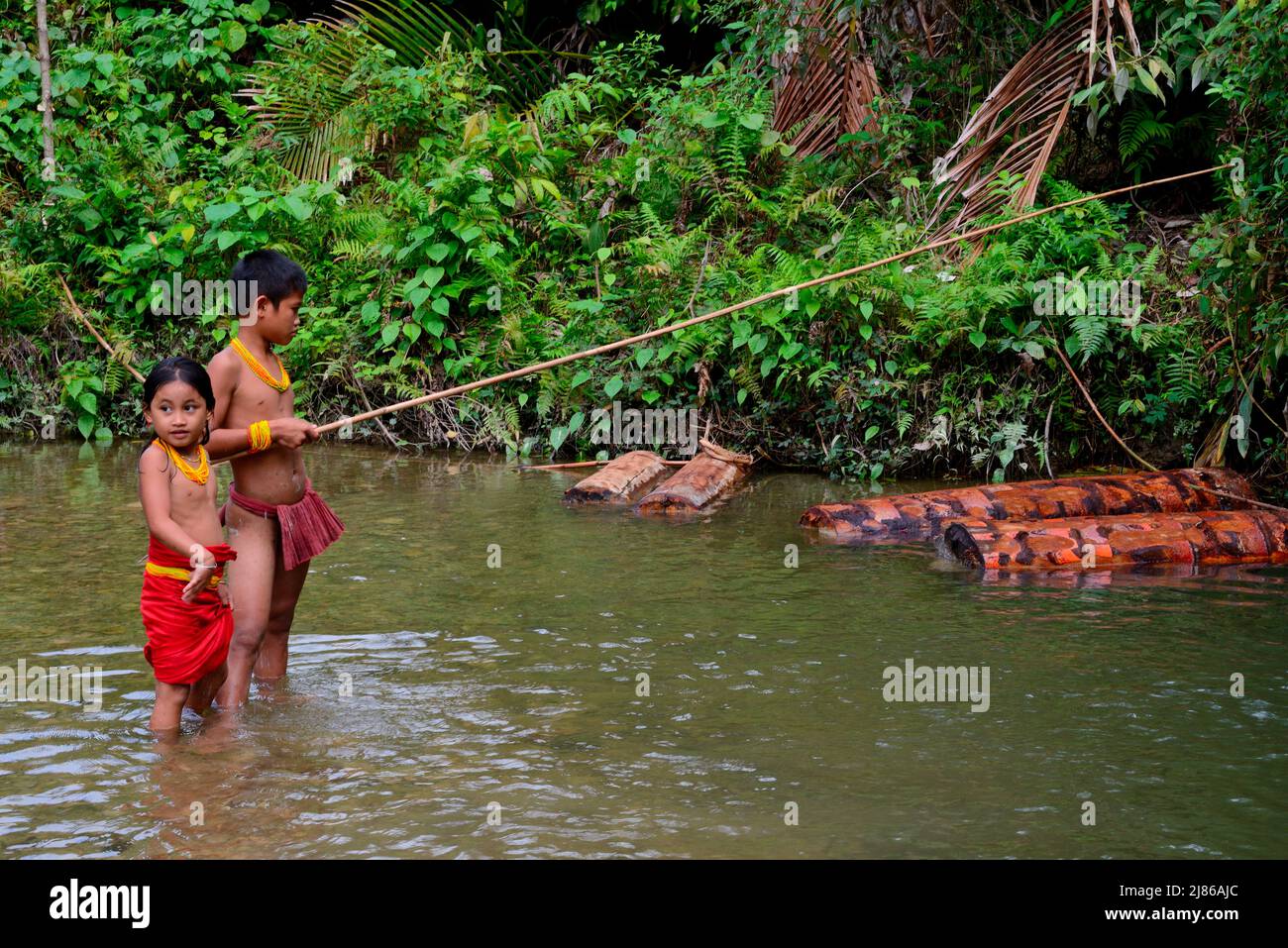 Mentawai boy and girl fishing, Siberut, Mentawai, Indonesia Stock Photo ...