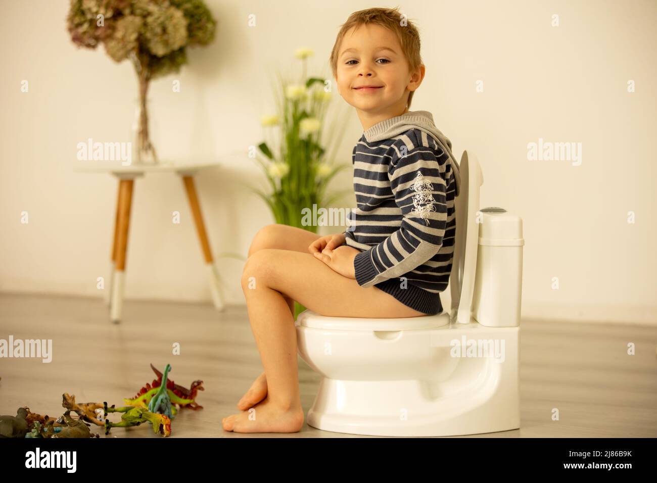 Cute toddler child, boy, using potty at home, while playing with toys ...