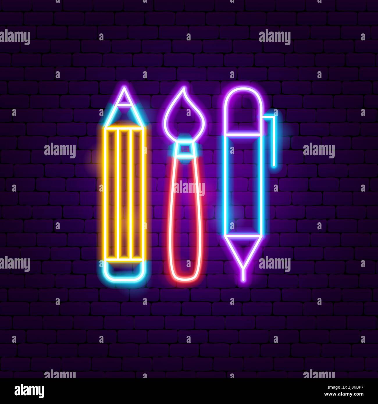 Pen Pencil Brush Neon Sign. Vector Illustration of Tools Promotion ...