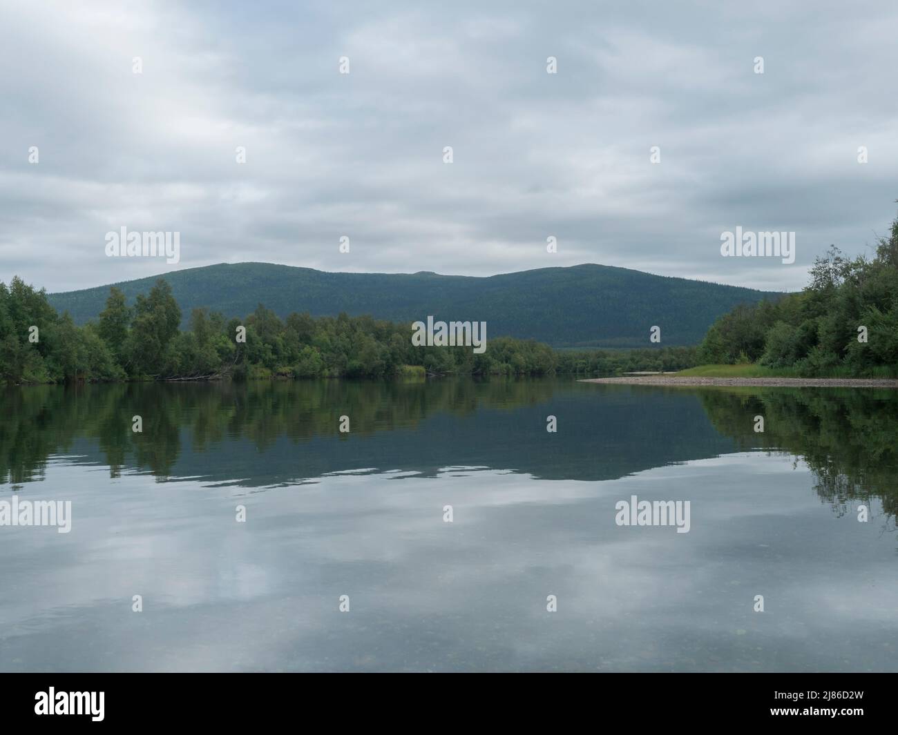 View of wide calm Tarra river from boat at Kvikkjokk, with forest and ...
