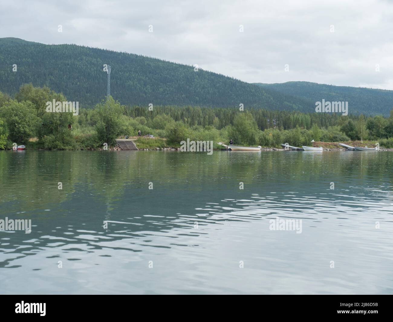 View of grassy shore of wide calm Tarra river with fisherman boats ...