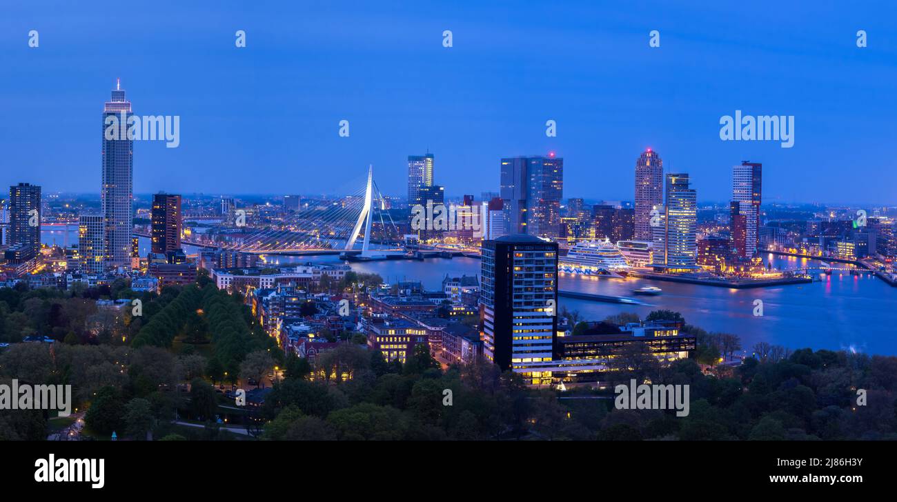 Beautiful blue hour cityscape of Rotterdam, Holland-Netherlands, from ...