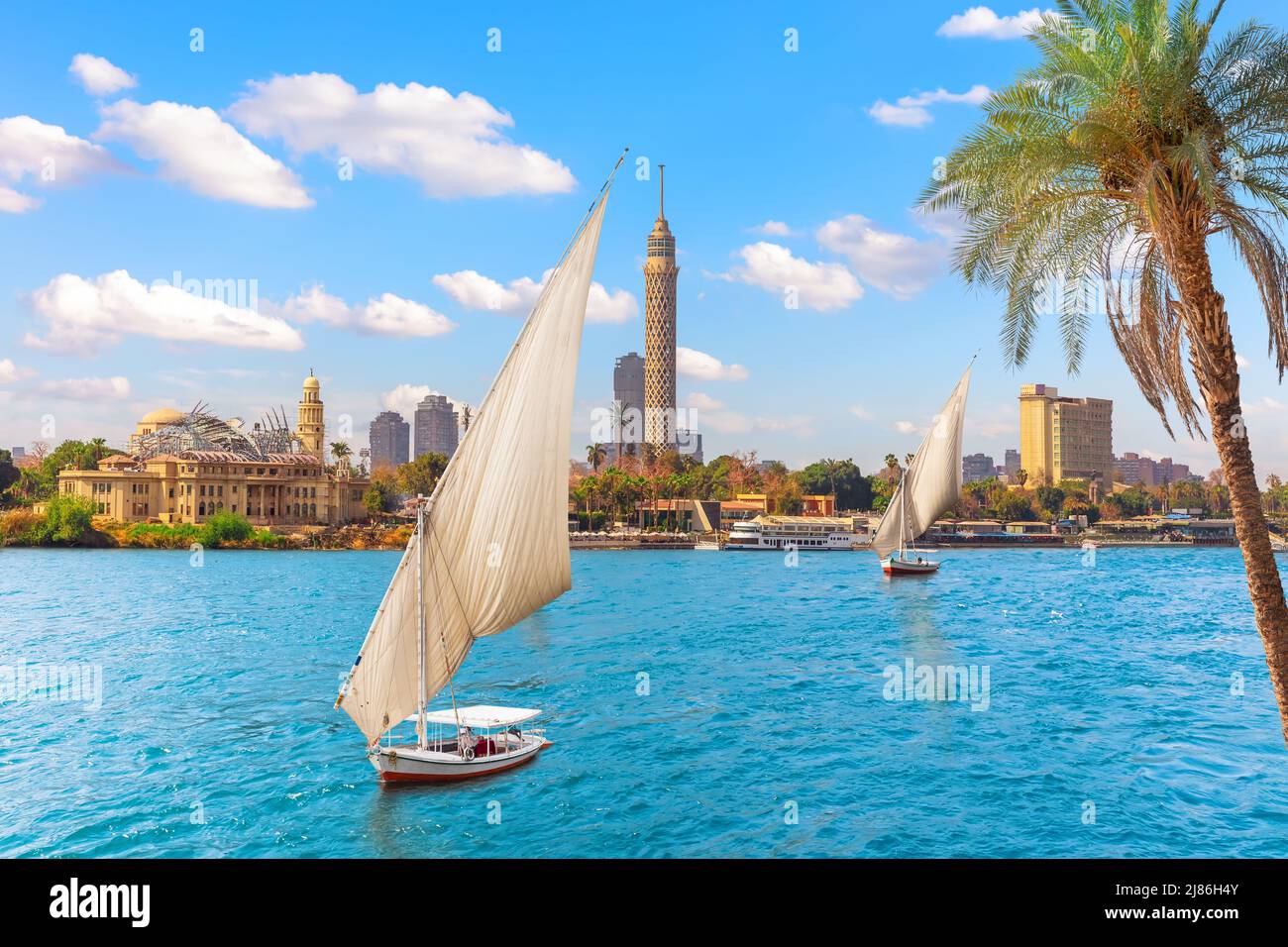 Feluccas in the Nile in front of the Tower of Cairo, Egypt Stock Photo ...