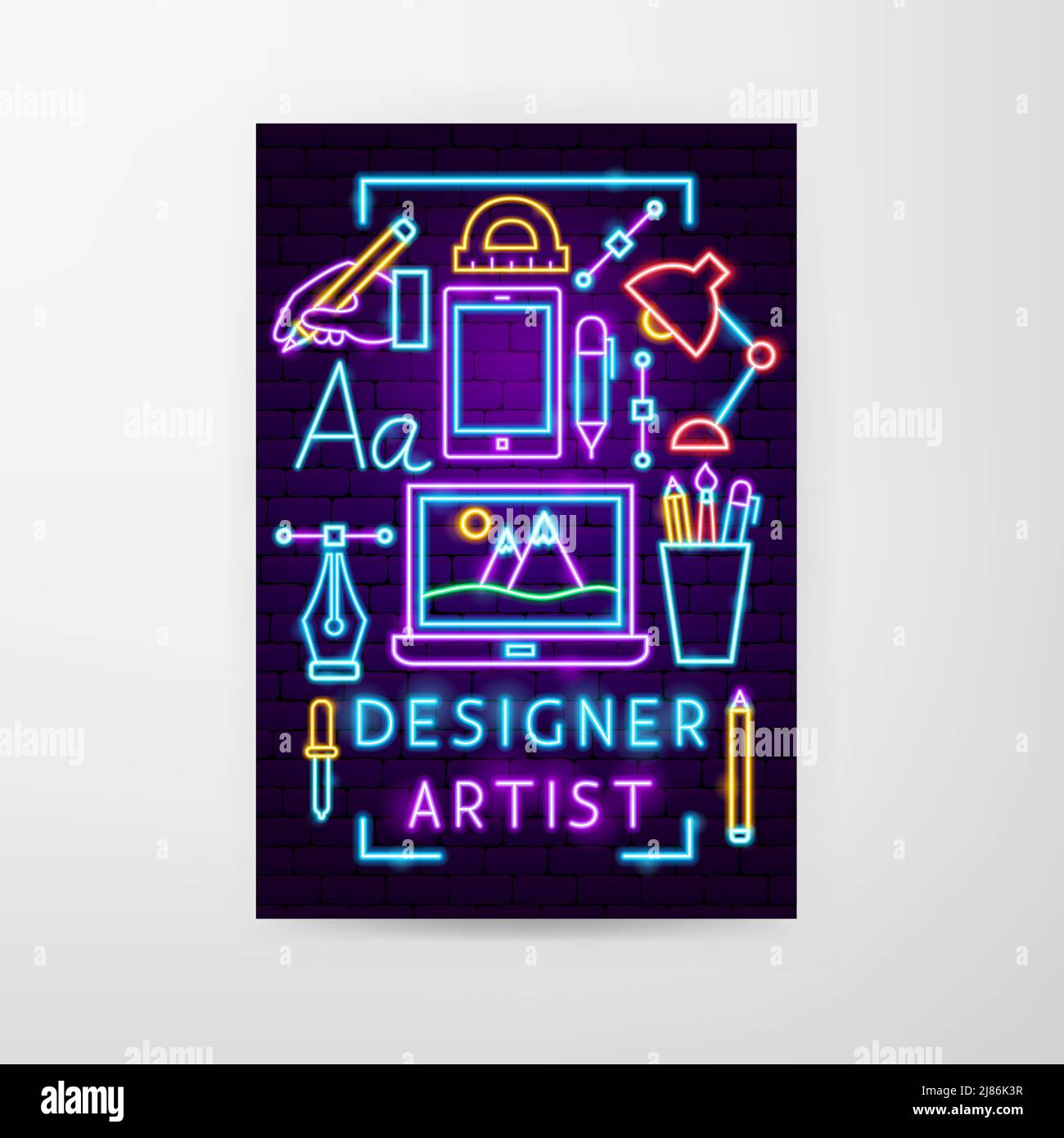 Designer Artist Neon Poster. Vector Illustration of glowing art concept ...