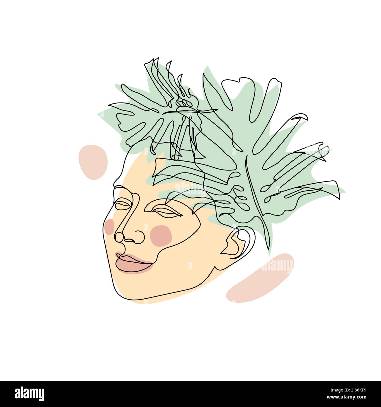 One single line drawing girl face with monstera leaves and pastel ...