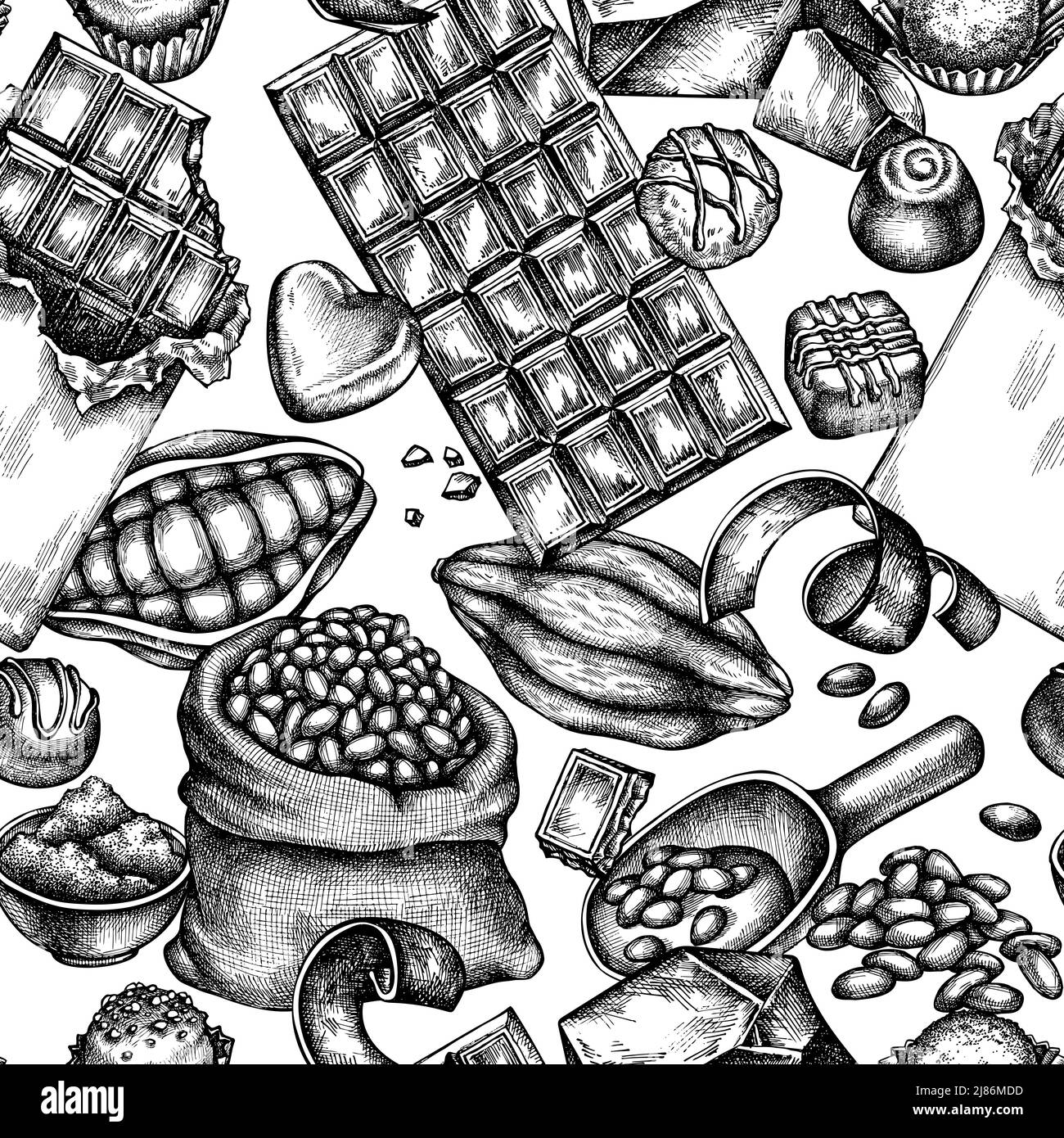 Seamless pattern with black and white cocoa beans, cocoa, chocolate ...