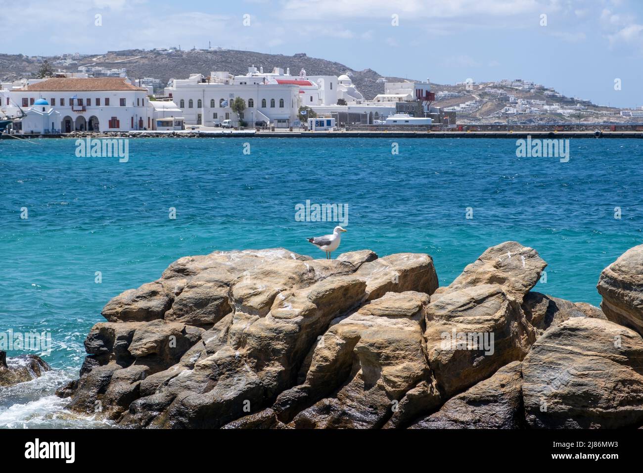 Greece, Mikonos island, Cyclades. Waterfront white Mykonos building ...