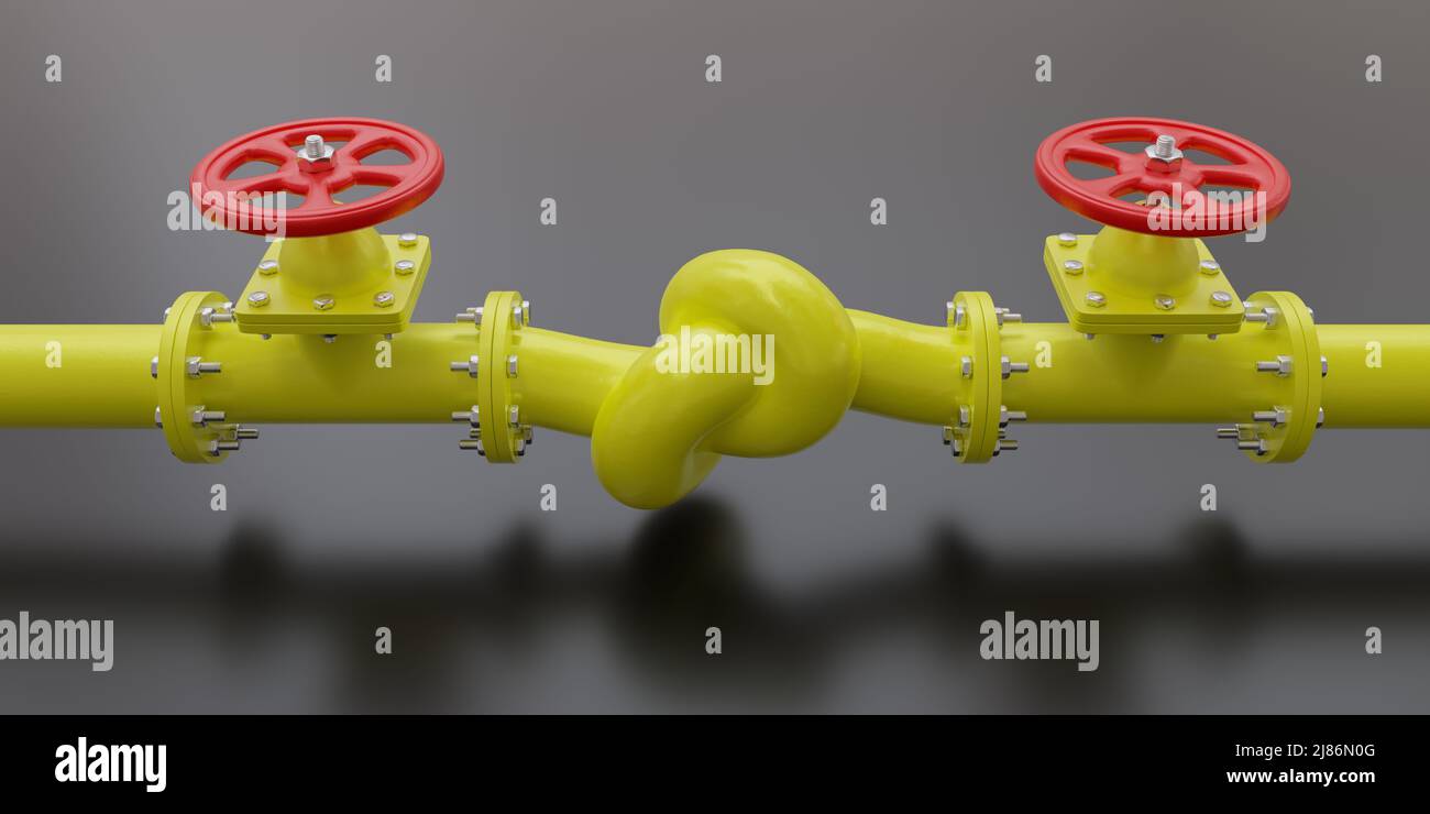 Gas conflict concept. Natural gas pipeline yellow color with a knot on ...