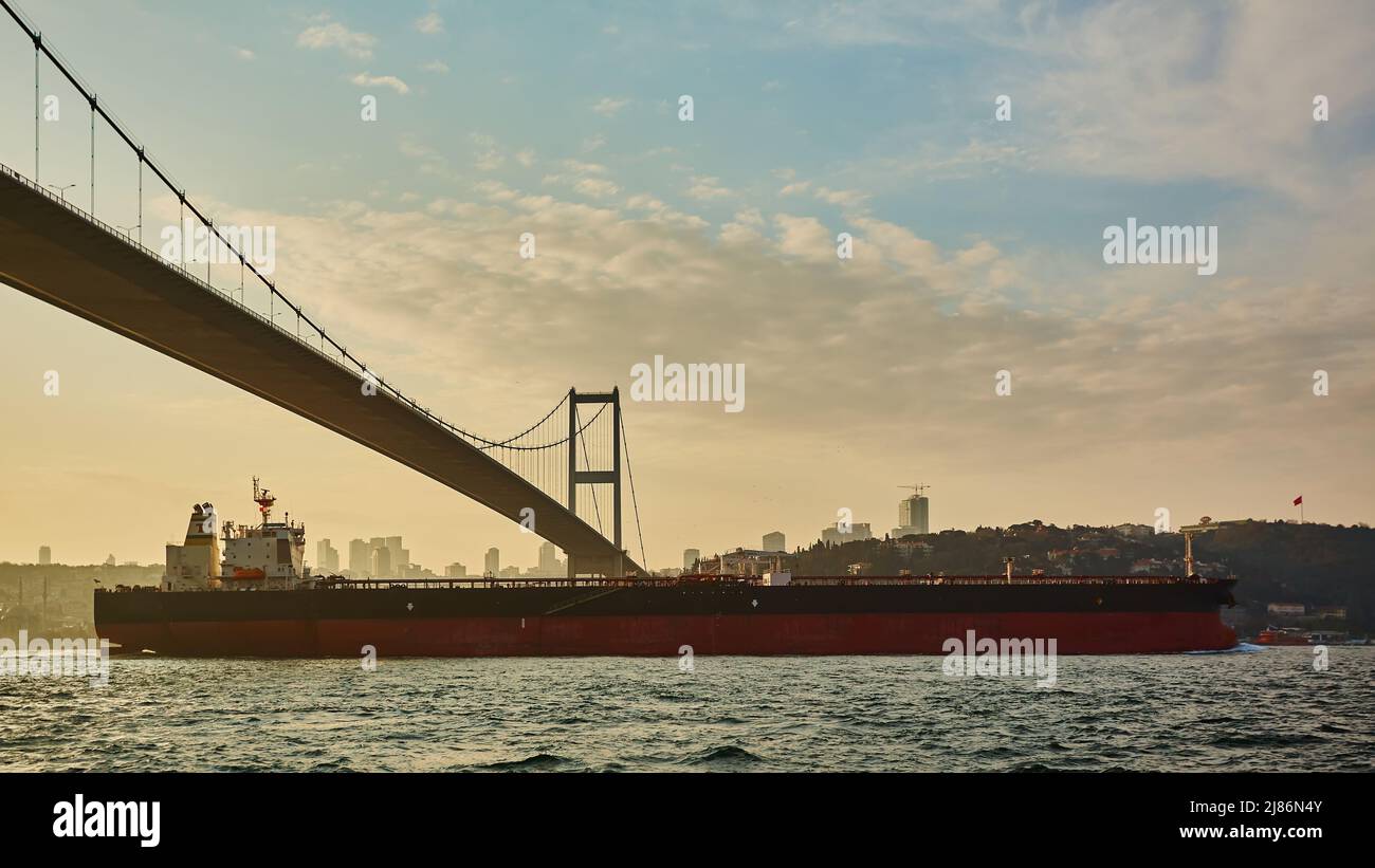 Turkey, Istanbul, Bosphorus Channel, Bosphorus Bridge, an cargo ship ...