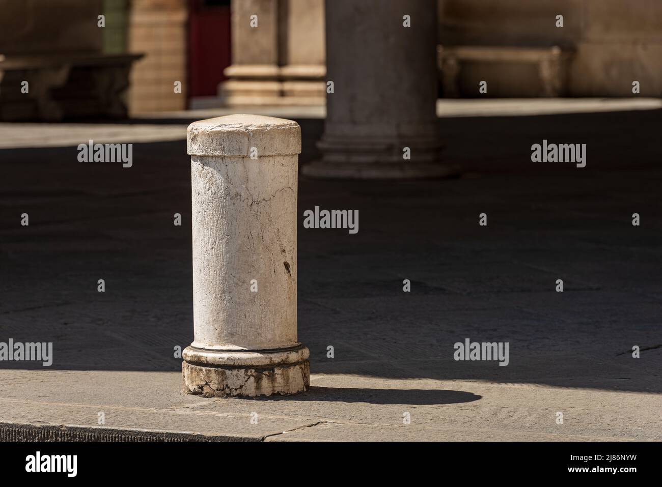 Close-up of a marble bollard, part of the ancient Loggia Palace ...