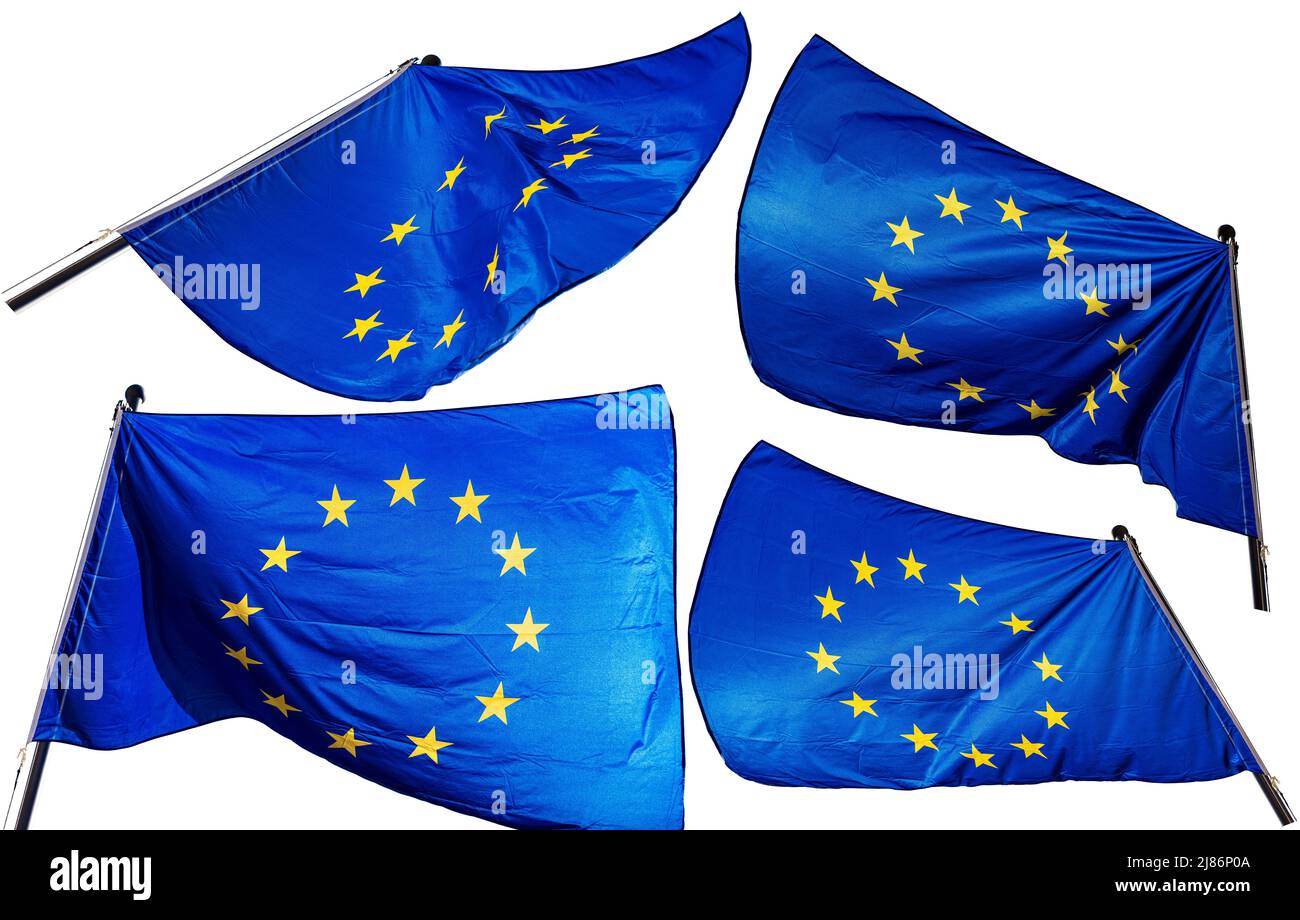 Close-up of a group of European Union flags hanging on flagpole ...