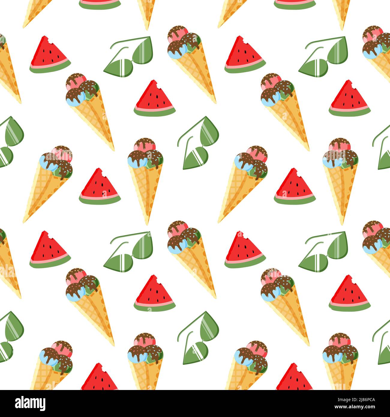 Seamless summer pattern of ice cream, watermelon and sunglasses. Summer ...
