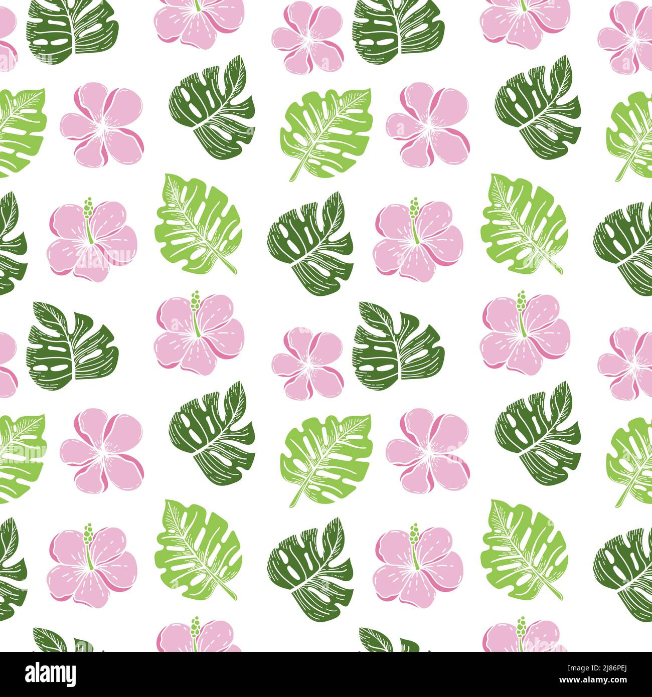 A seamless pattern of tropical strelitzia flower, monster leaves. Hand ...