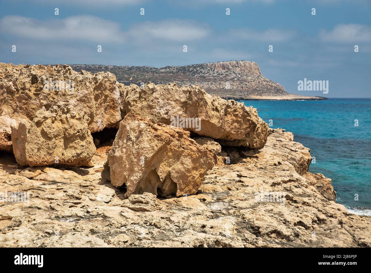 Seascape Cape Greco peninsula park, Cyprus. It is mountainous peninsula ...