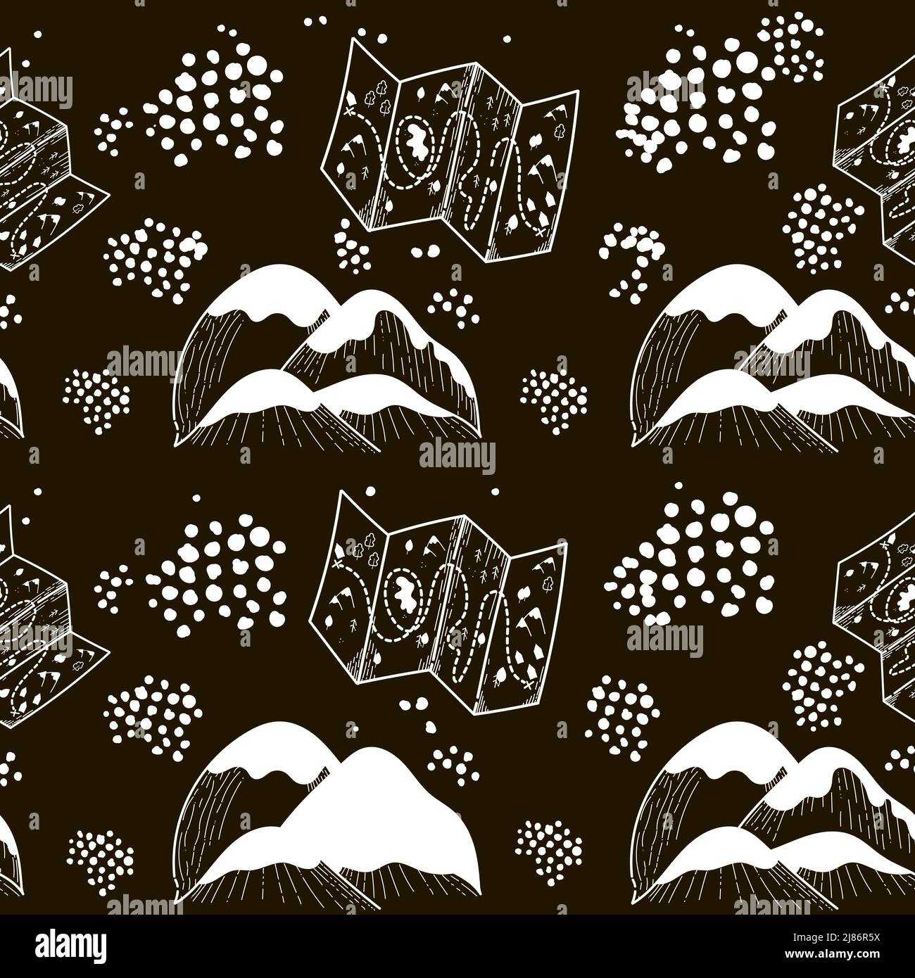 A seamless pattern of mountains and terrain maps, hand-drawn elements ...