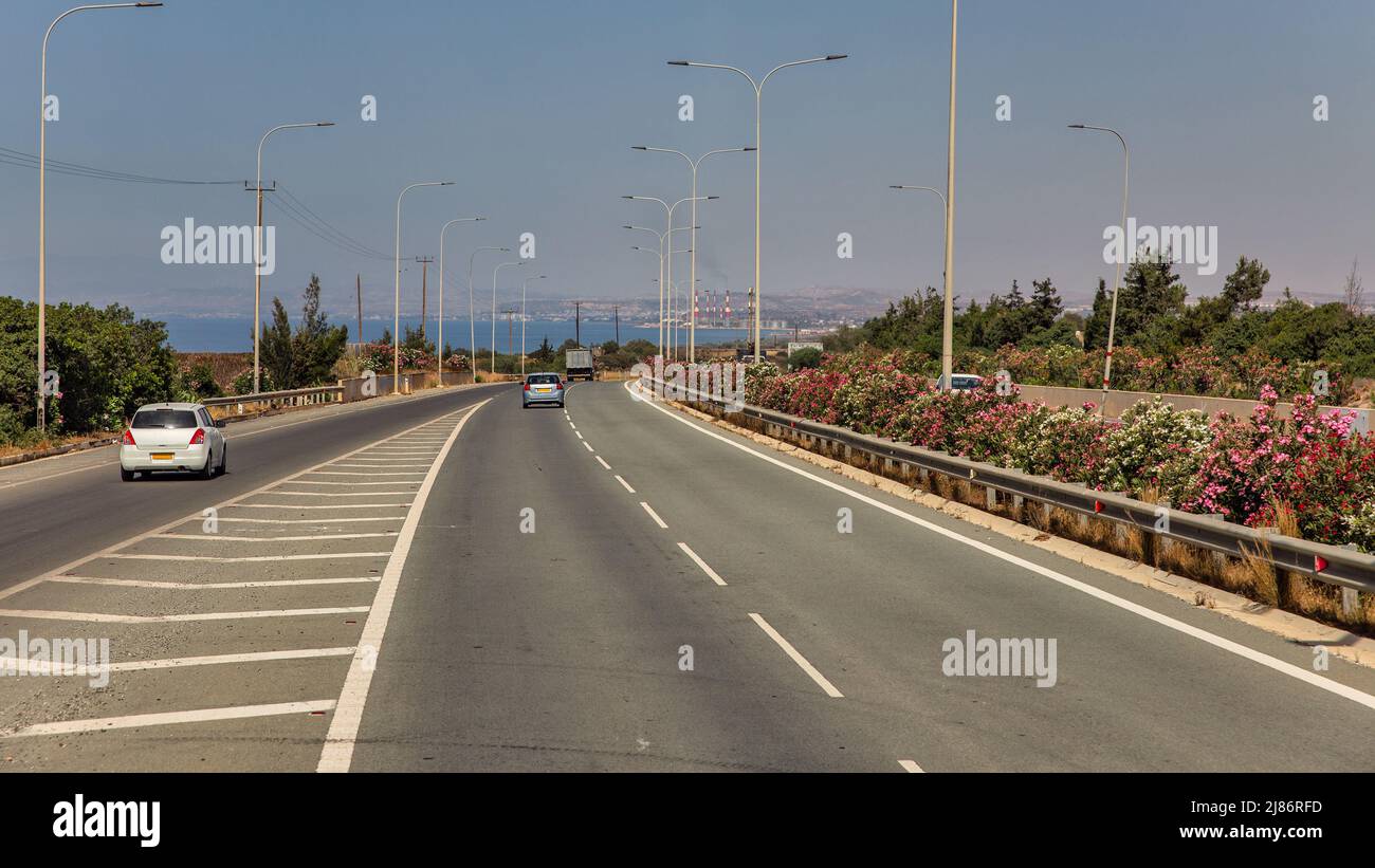 landscape highway road sign for the Larnaka city. Cyprus Stock Photo ...