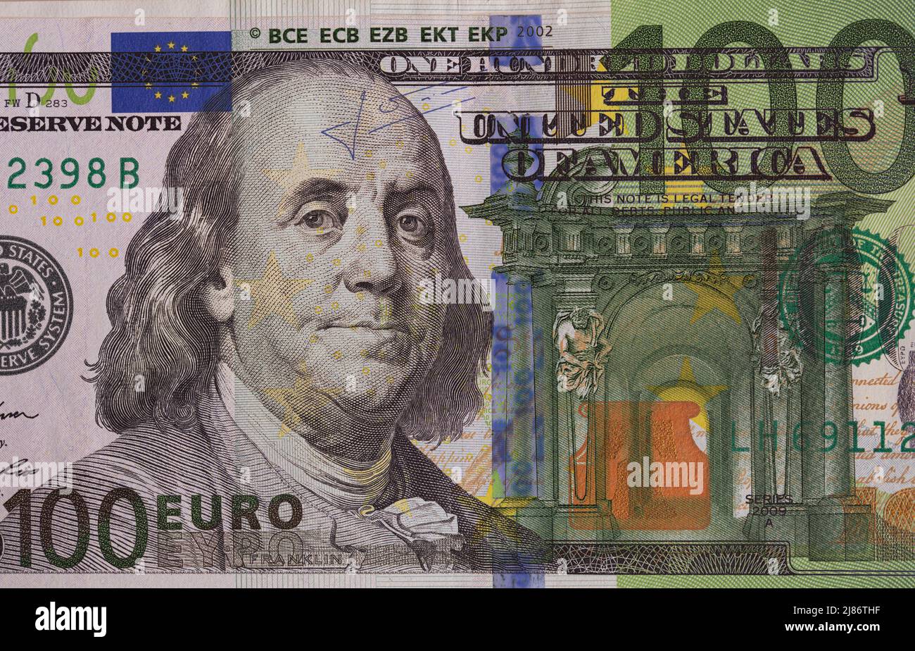 100 dollar and 100 euro banknotes overlay for design purpose Stock ...