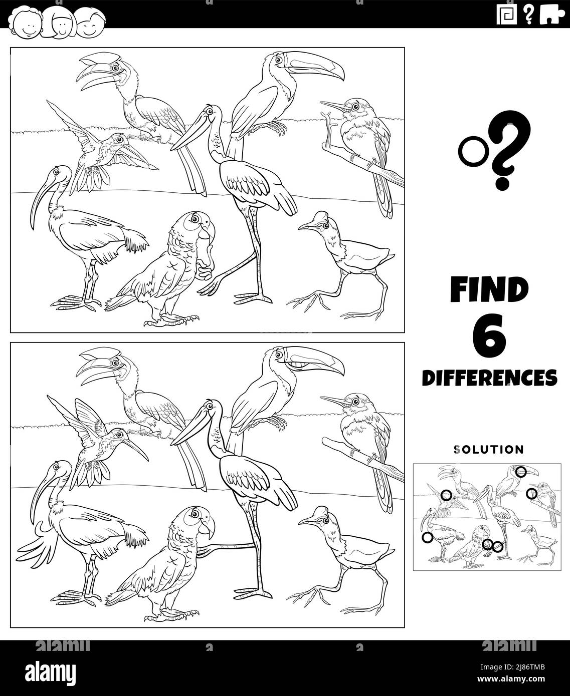 Black and white cartoon illustration of finding the differences between ...
