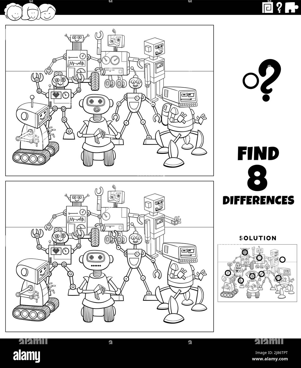 Black and white cartoon illustration of finding the differences between pictures educational ...