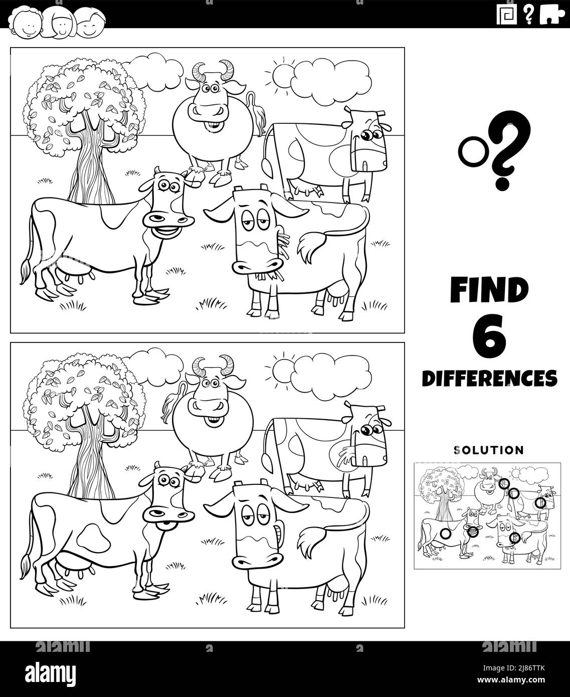 Black and white cartoon illustration of finding the differences between ...