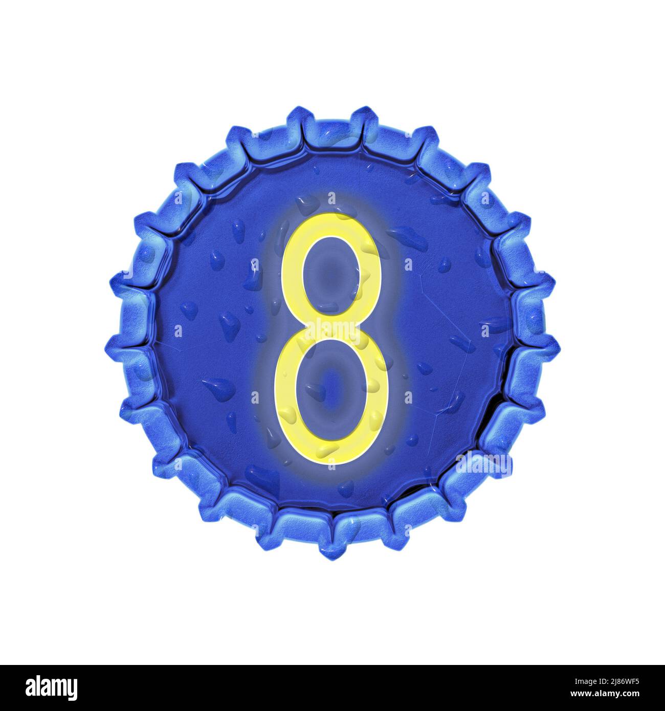 blue capsule of a bottle closure with yellow number 8 and water drops ...