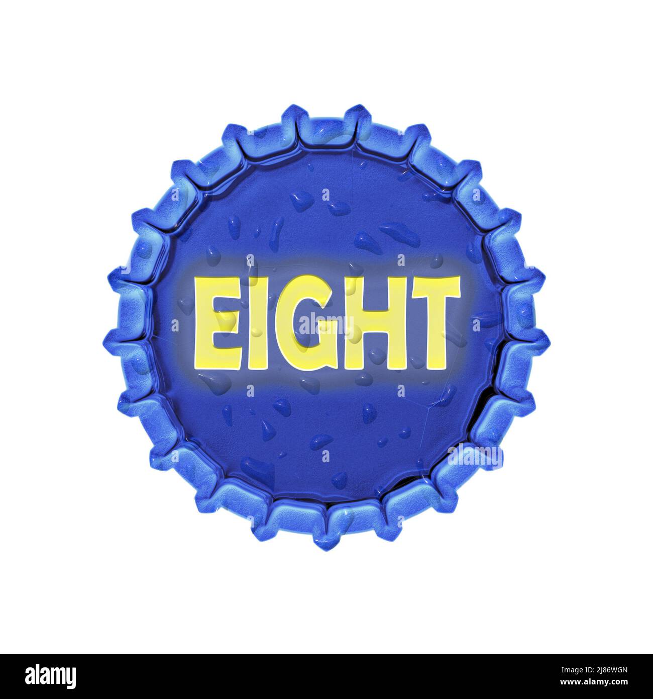 blue capsule of a bottle closure with yellow word EIGHT and water drops ...