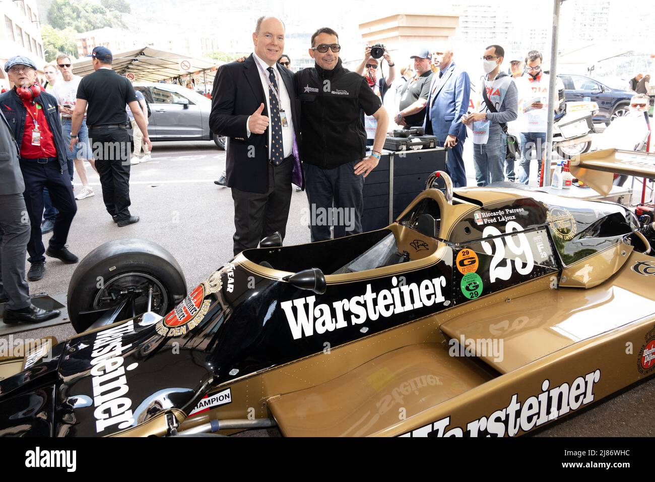 Prince Albert II of Monaco poses with Fred Lajoux in the paddock of the ...