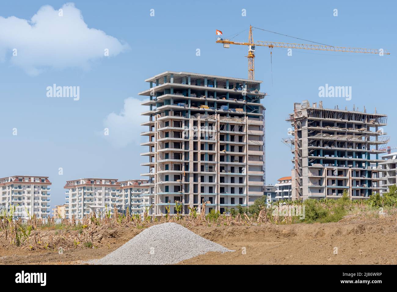 Construction of new residential buildings on the background of a ...