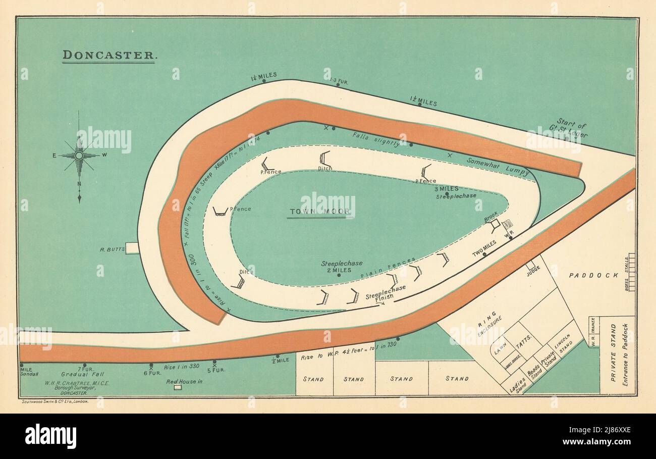 Doncaster racecourse, Yorkshire. Town Moor. BAYLES 1903 old antique map ...