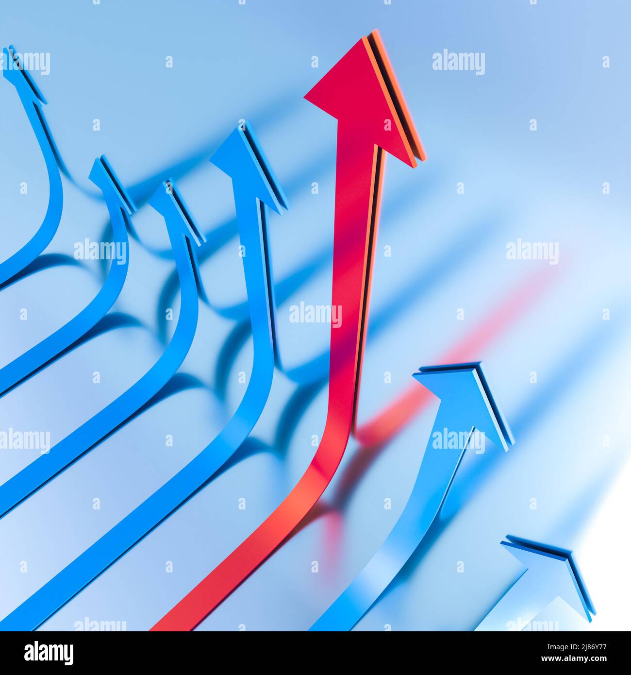 blue and red arrows that bend and rise upwards. 3d render Stock Photo ...