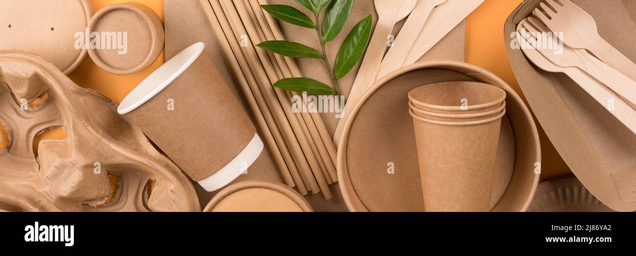 Banner with eco-friendly paper tableware - kraft paper food packaging ...