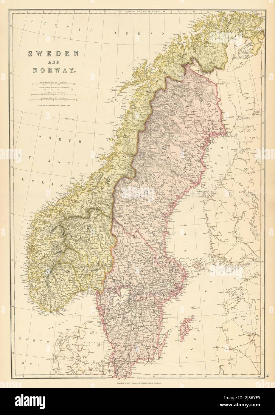 SCANDINAVIA. Sweden Norway.Railways.Scale in Swedish & Norwegian miles ...