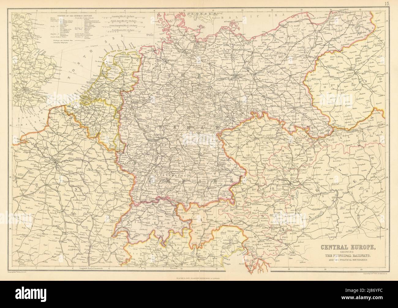 CENTRAL EUROPE. Railways. Scale in German & English miles & km. BLACKIE ...