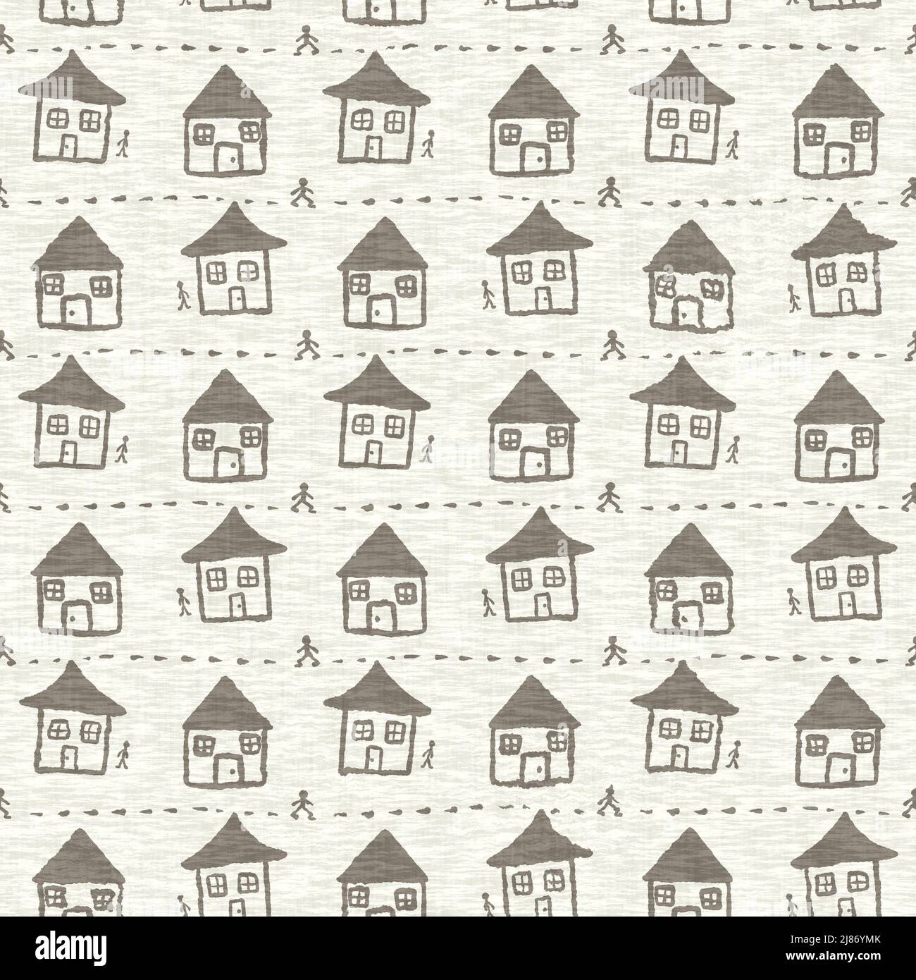 Hand drawn doodle house linen effect texture pattern. Seamless woven ...