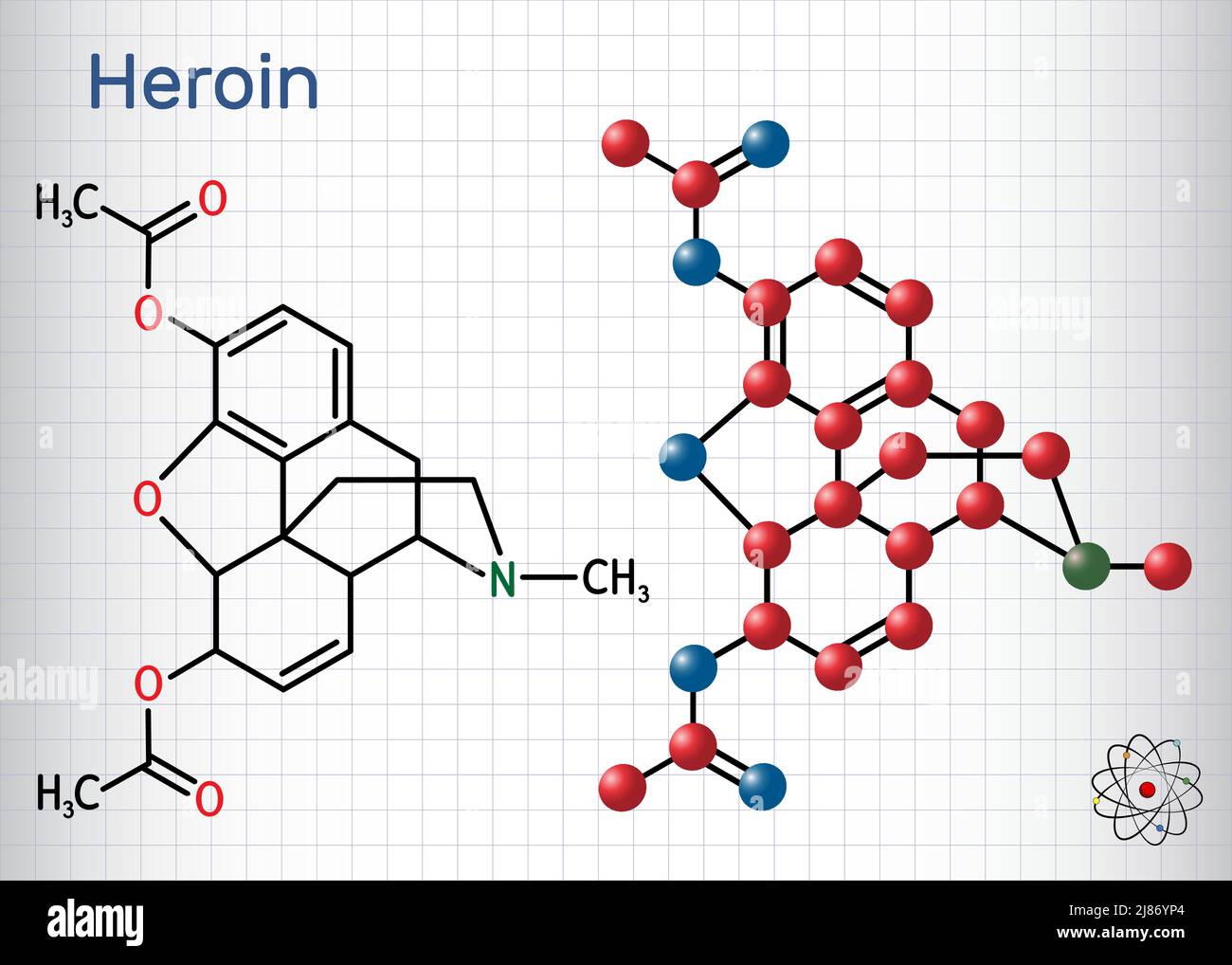 Heroin, diacetylmorphine, diamorphine molecule. It is opioid ...