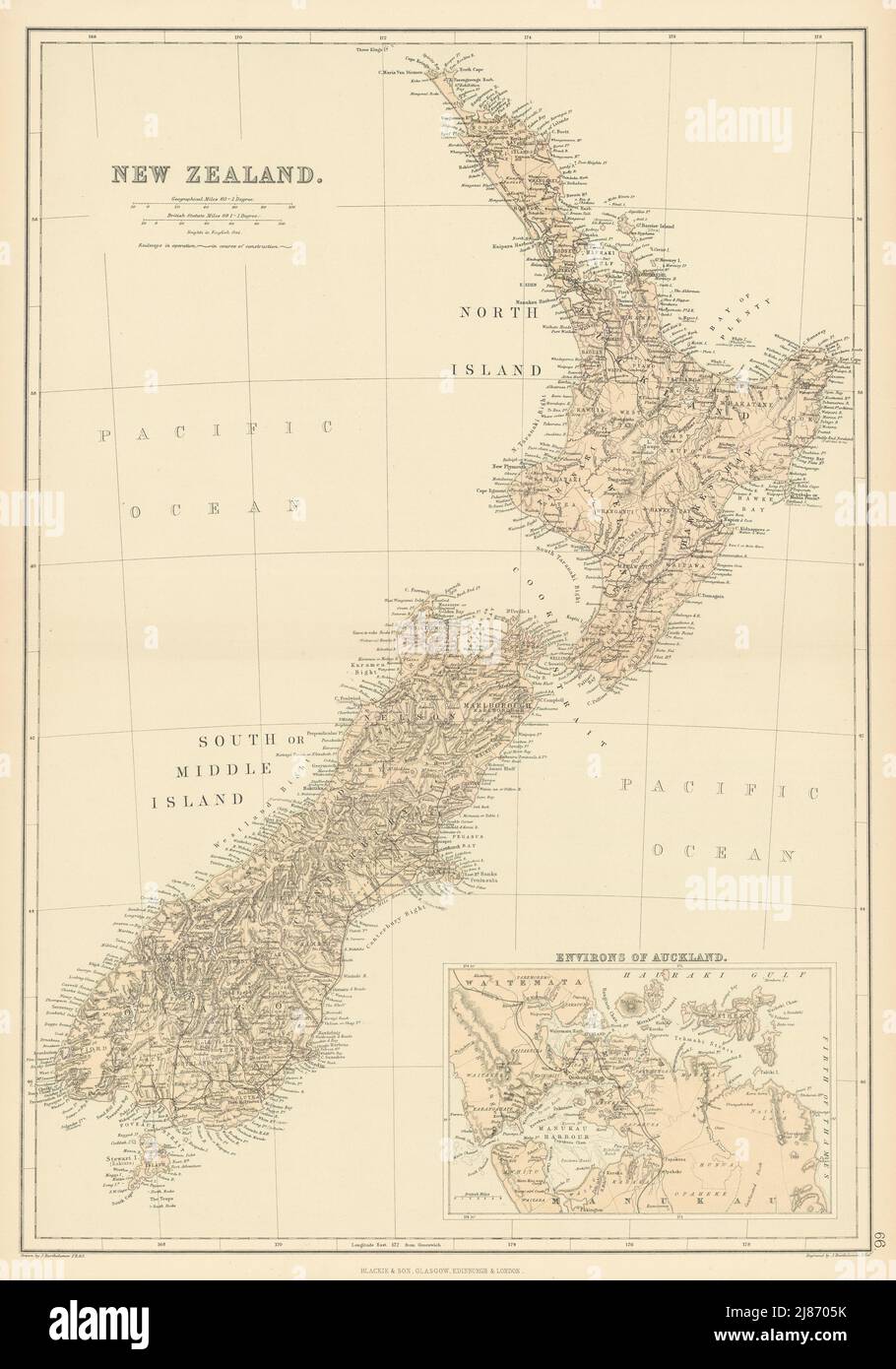 NEW ZEALAND. Counties & railways. Inset Auckland environs. BLACKIE 1886 ...