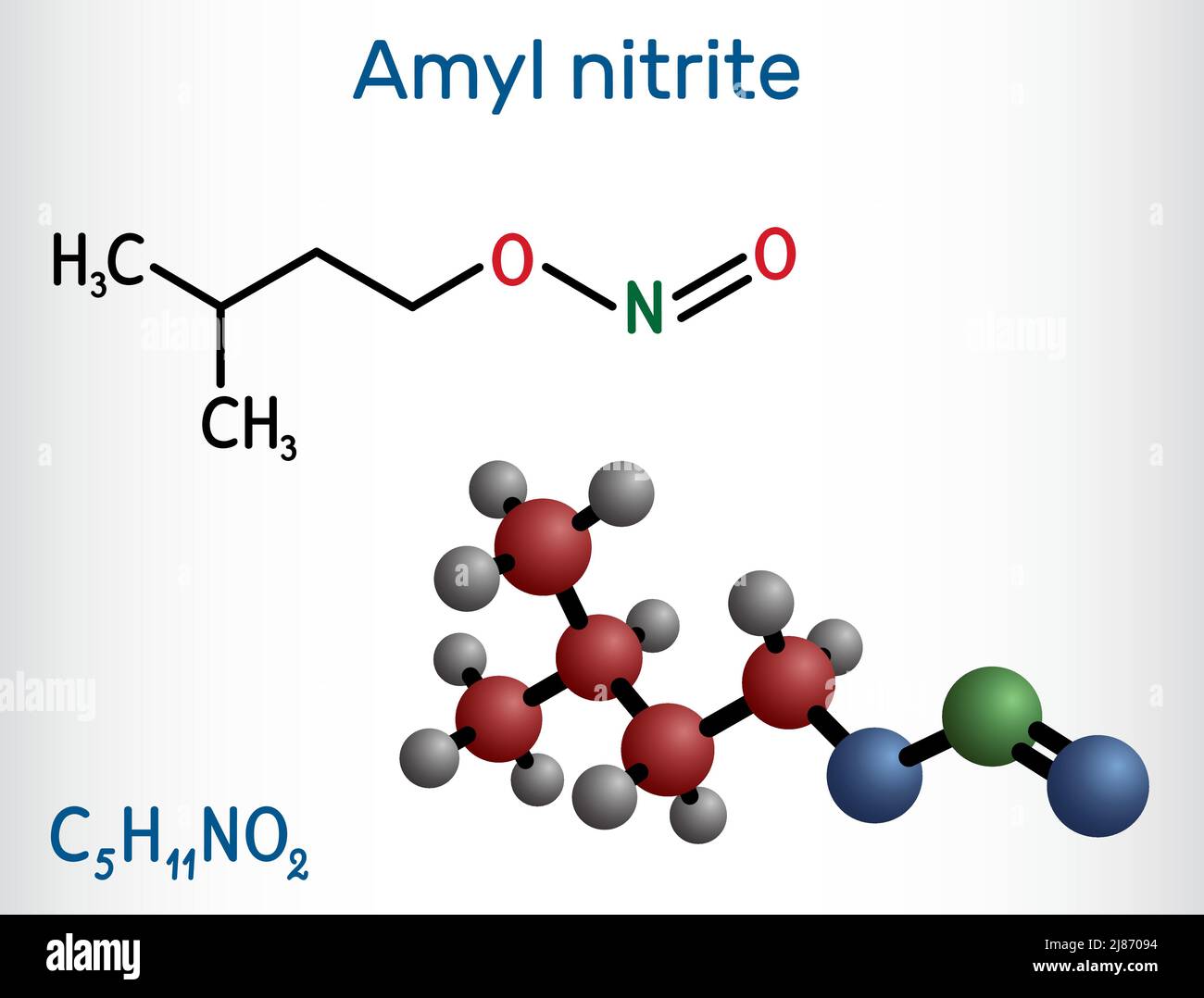 Amyl nitrite, isoamyl nitrite, isopentyl nitrite, molecule. It is ...