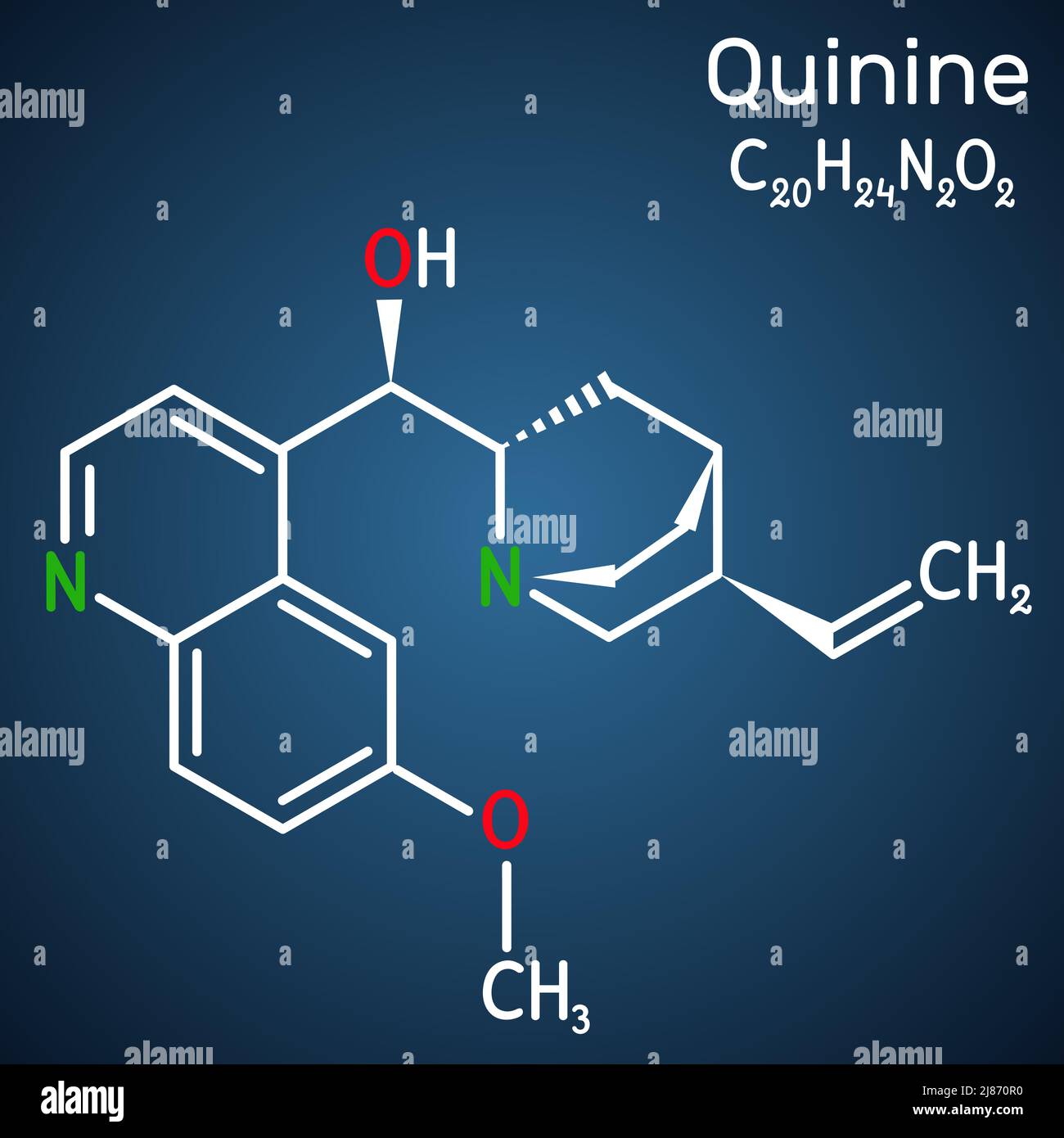Quinine molecule. It is natural alkaloid derived from the bark of the ...